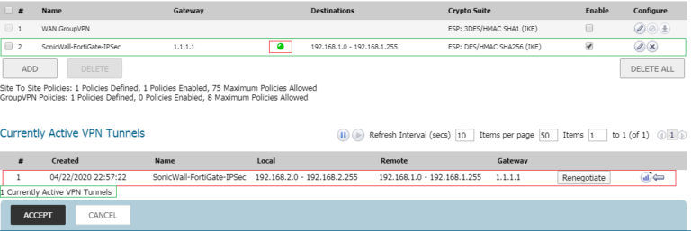 IPSec tunnel between FortiGate and SonicWall Firewall