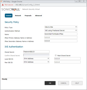 IPSec tunnel between FortiGate and SonicWall Firewall